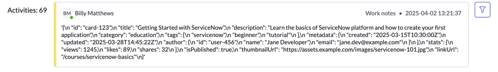 ServiceNow: Beautiful JSON in the Activity Log